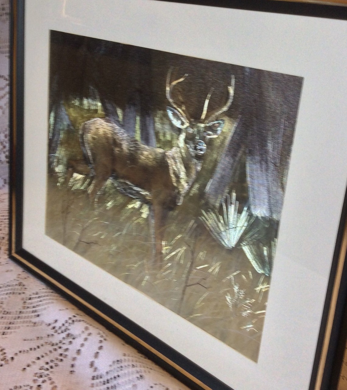 Vintage Foiled Etching Deer With Antlers Buck in the Woods. - Etsy