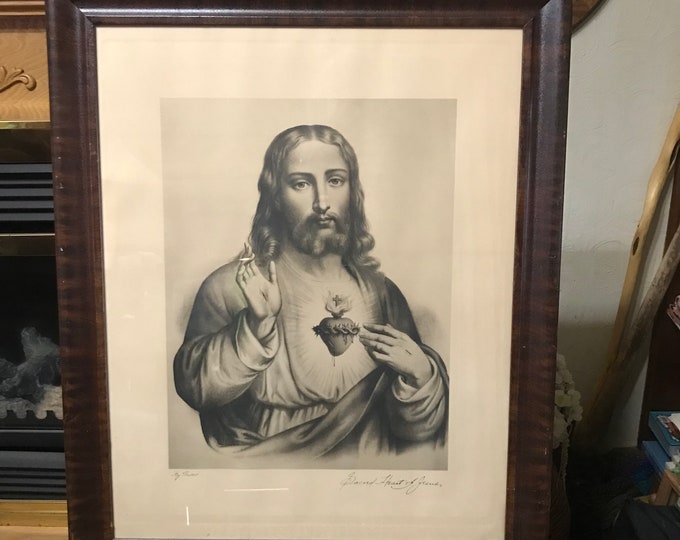 Antique Sacred Heart of Jesus Signed by Grellet Stephen Grellet Large ...