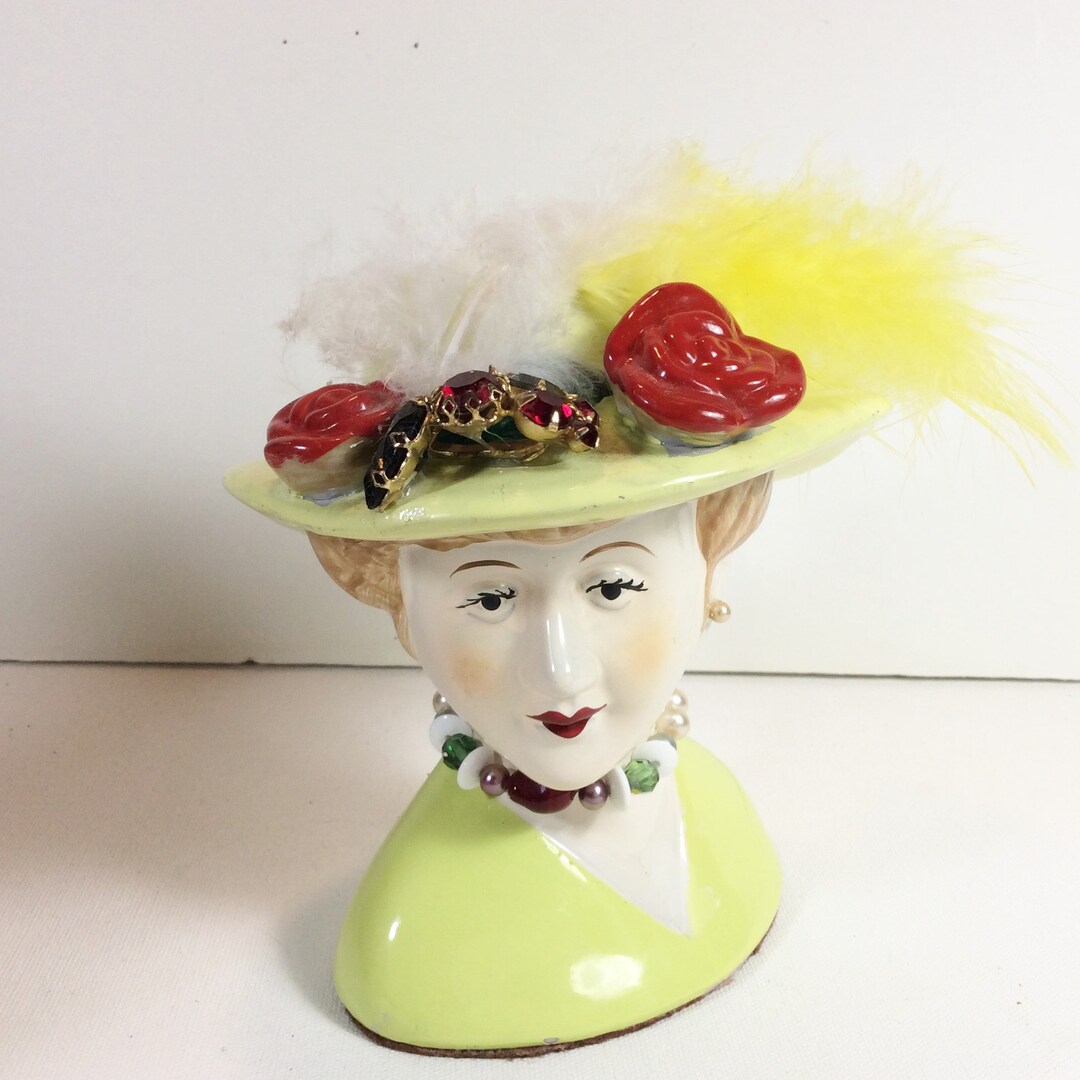 Vintage Ceramic Ladies Head Feathers Jewels Figurine - Etsy