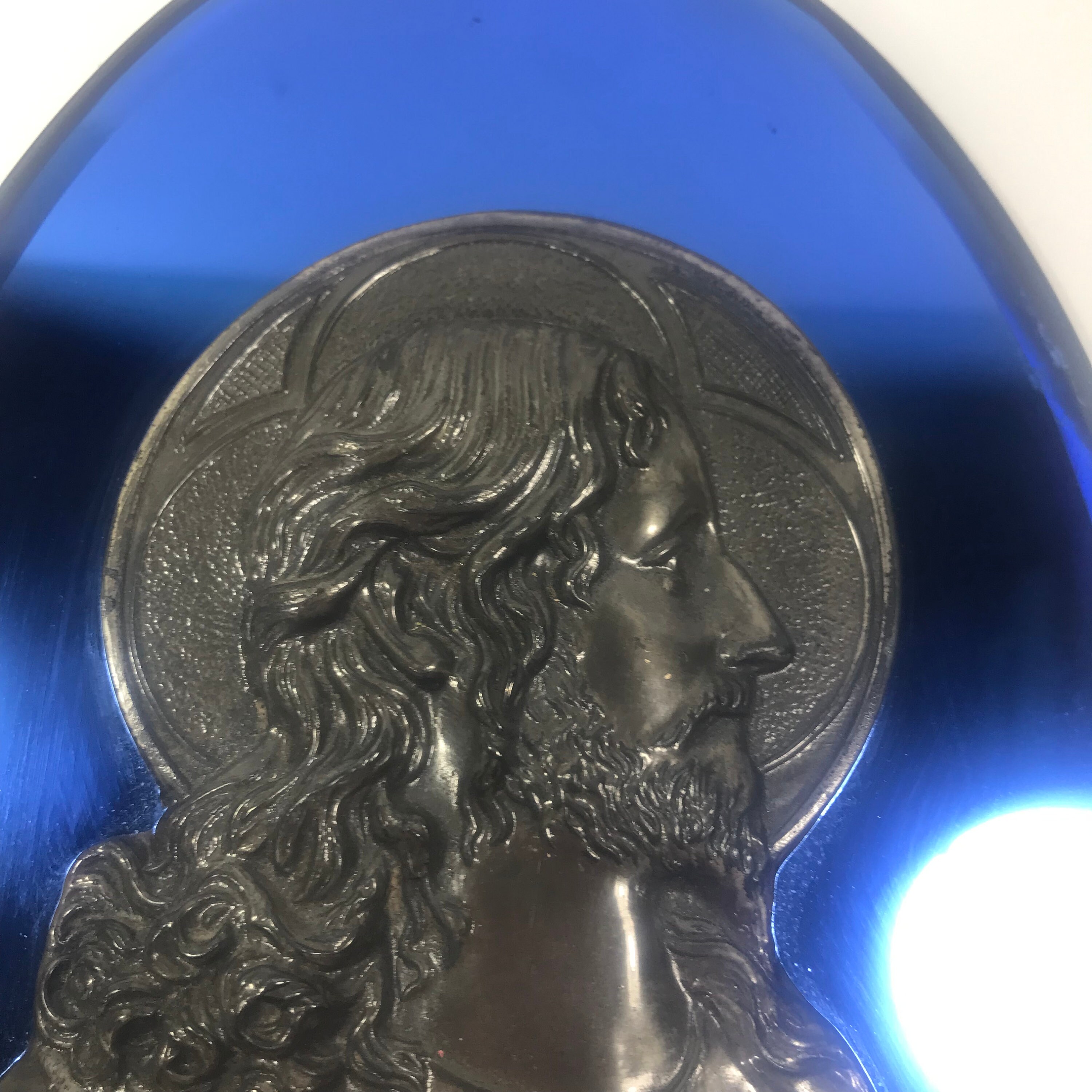 Vintage Oval Blue Glass Mirror With Jesus Christ Portrait in Silver ...