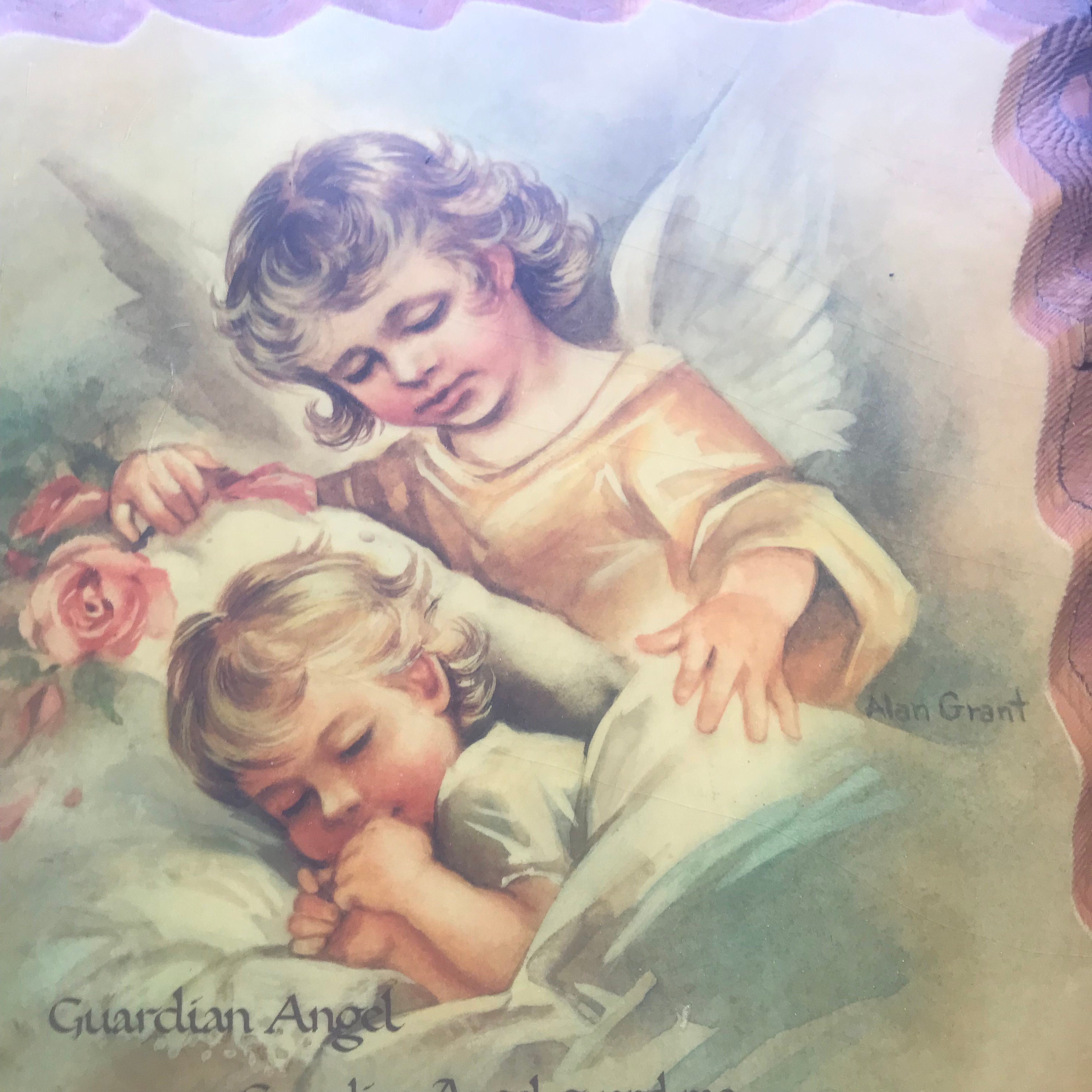 Vintage Alan Grant lithograph guardian angel on wood wall | Etsy