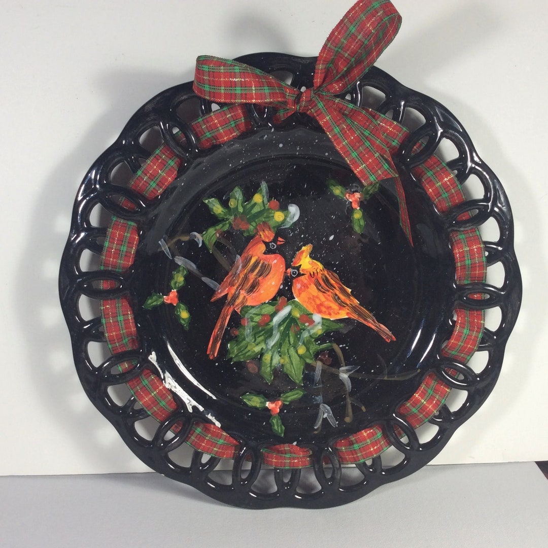 Vintage WCL China Hand Painted Black Lattice Cardinals Christmas Plate ...