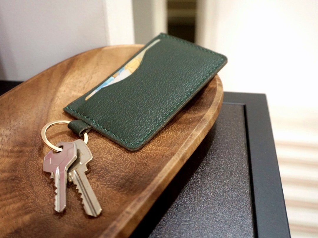 Green Leather Card Holder With Key Ring, House Key, Access Card Holder ...