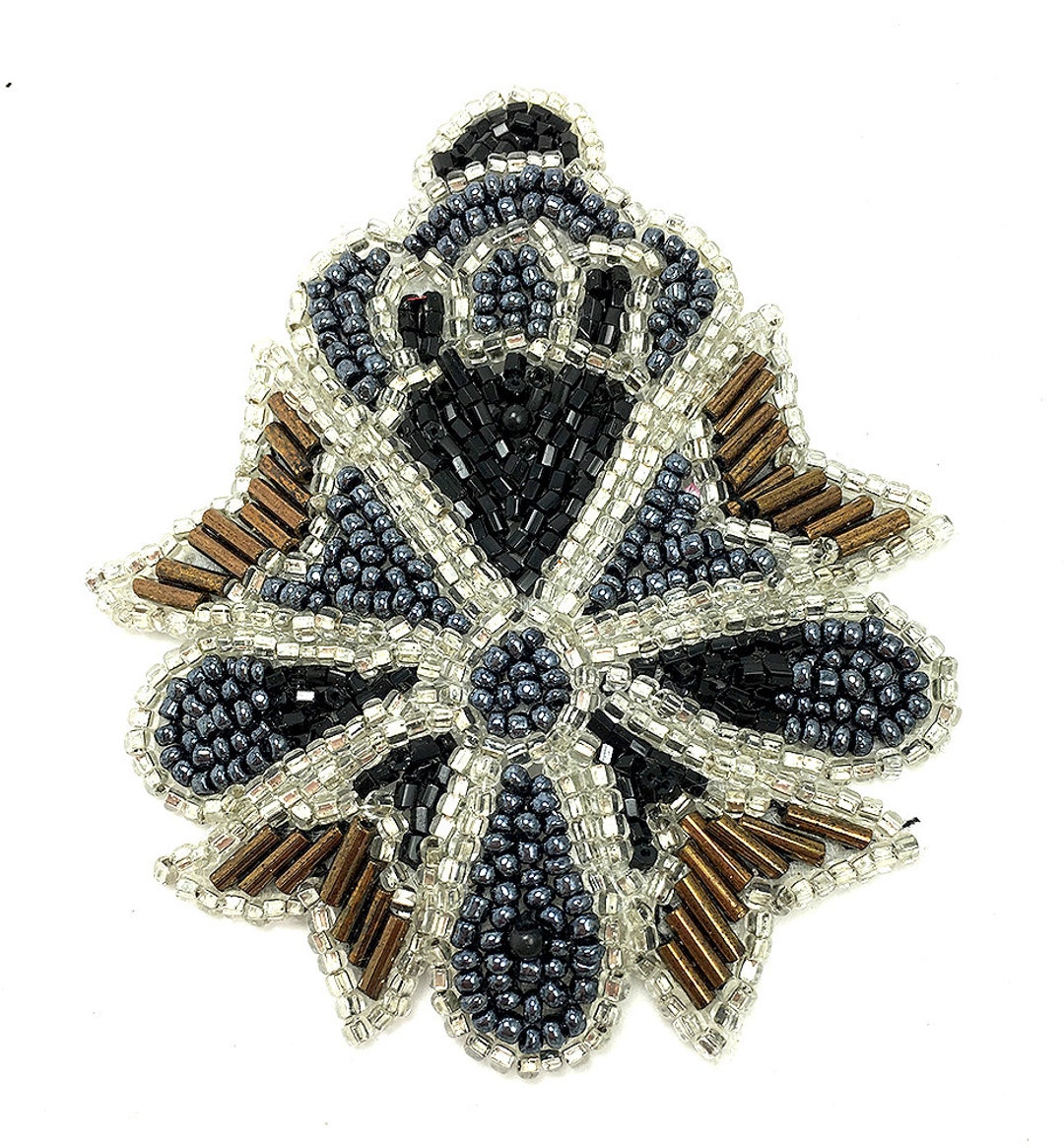 Crowned Crest Motif Applique With Grey, Black, Silver and Bronze Beads ...