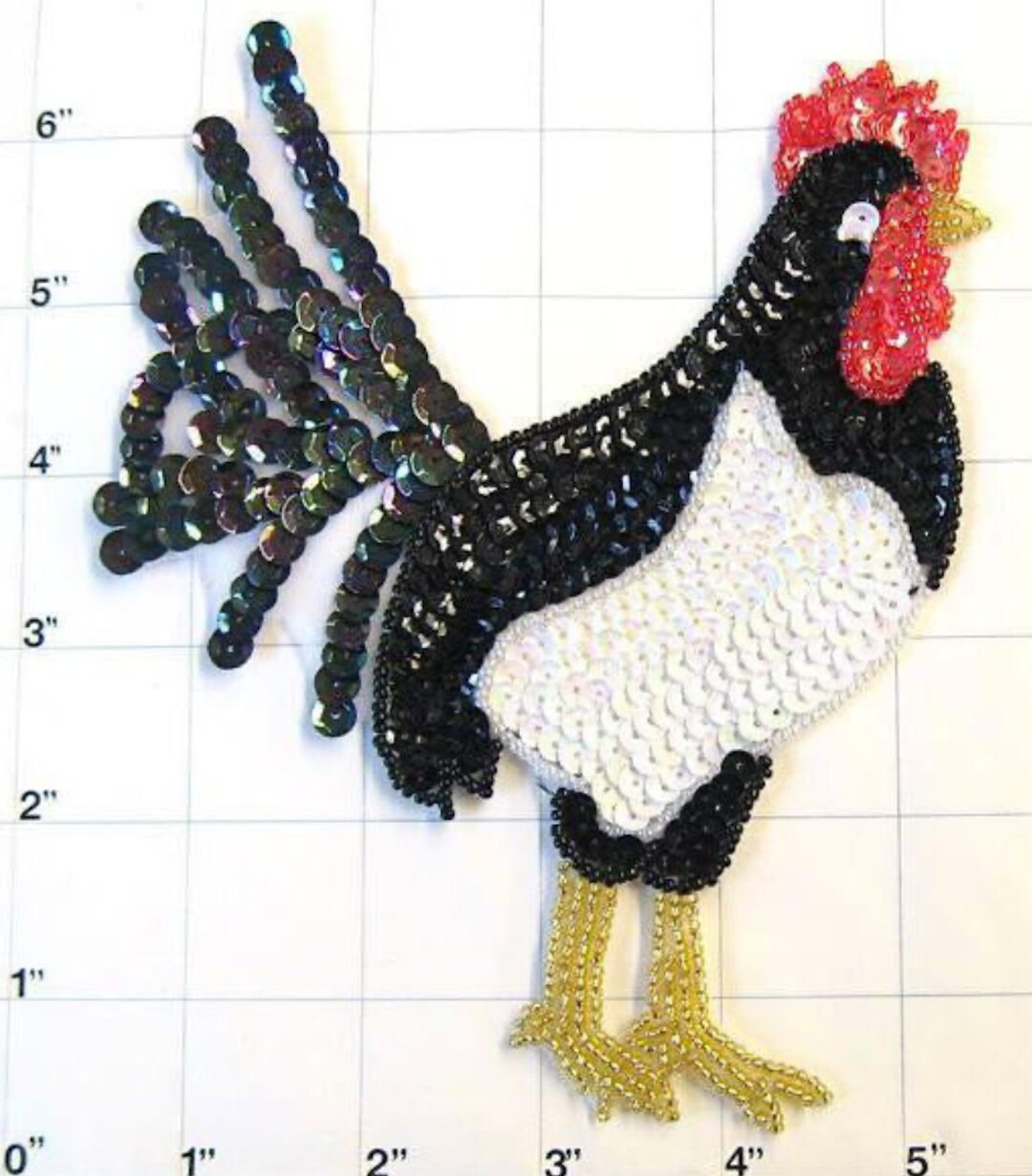 Rooster Applique With Black White Gold Red Sequin and Beads - Etsy