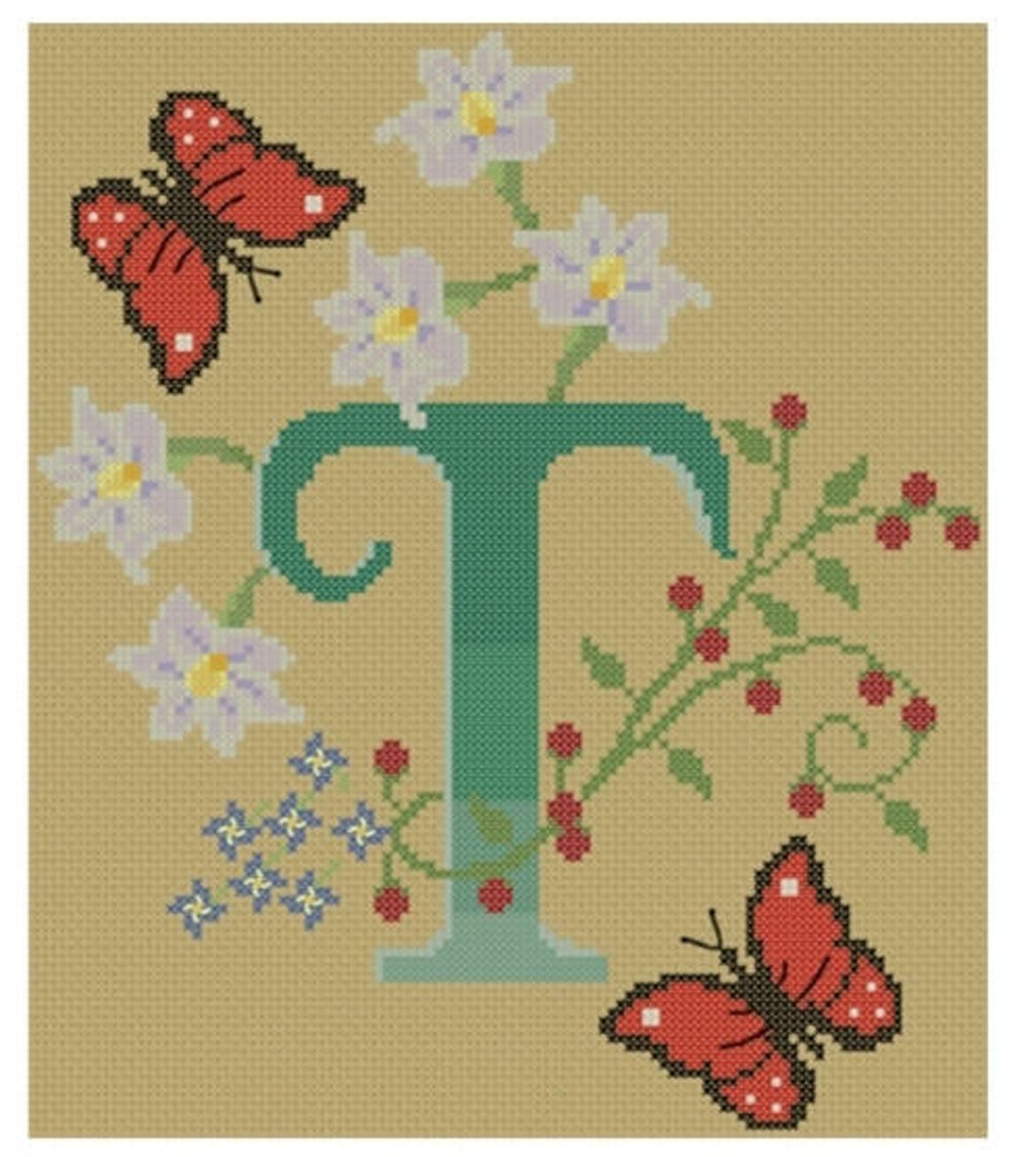 Letter T With a Splash of Flowers and Butterflies Crosstitch - Etsy