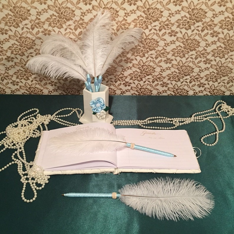 Light Blue Feather Pen Cinderella Wedding Pens Boys Baby Shower Guest ...