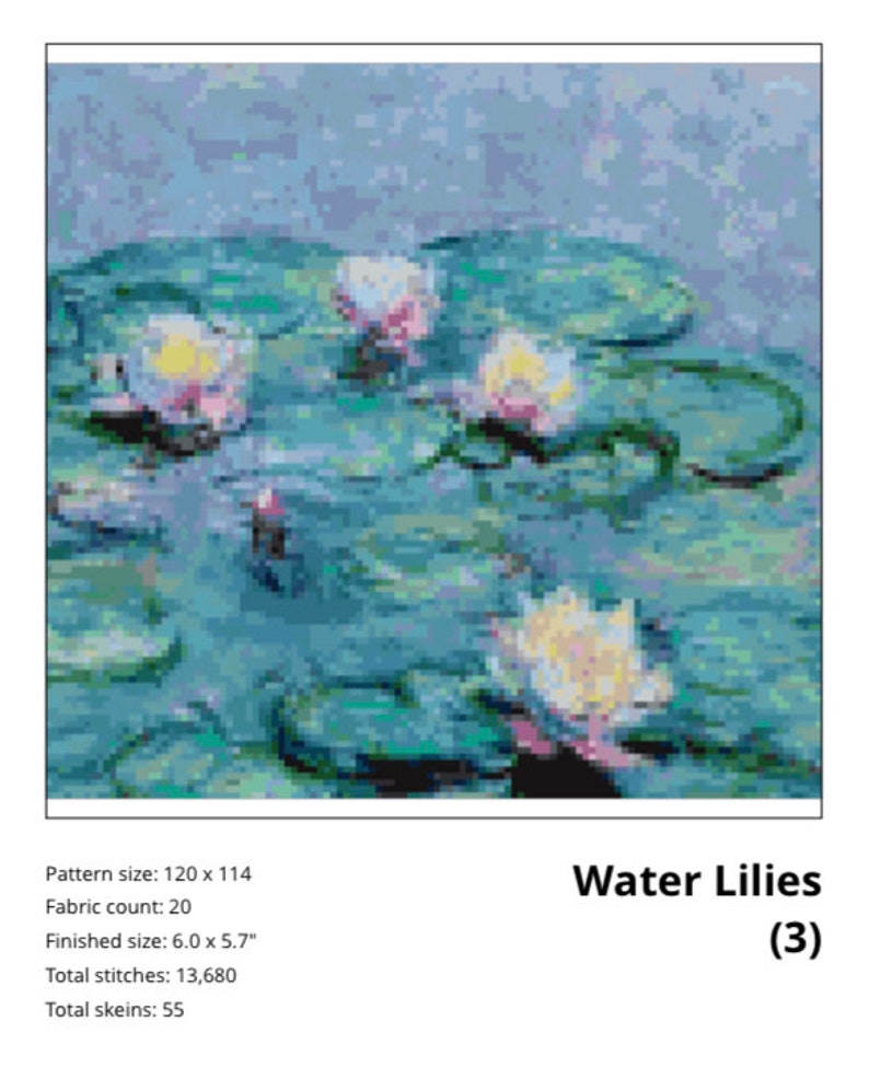 Water Lilies (3) by Claude Monet Downloadable Cross Stitch Pattern - Etsy