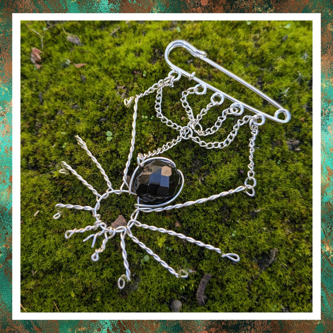 Handmade Wire Spider and Cobweb Brooch With Black Glass Vintage Bead ...