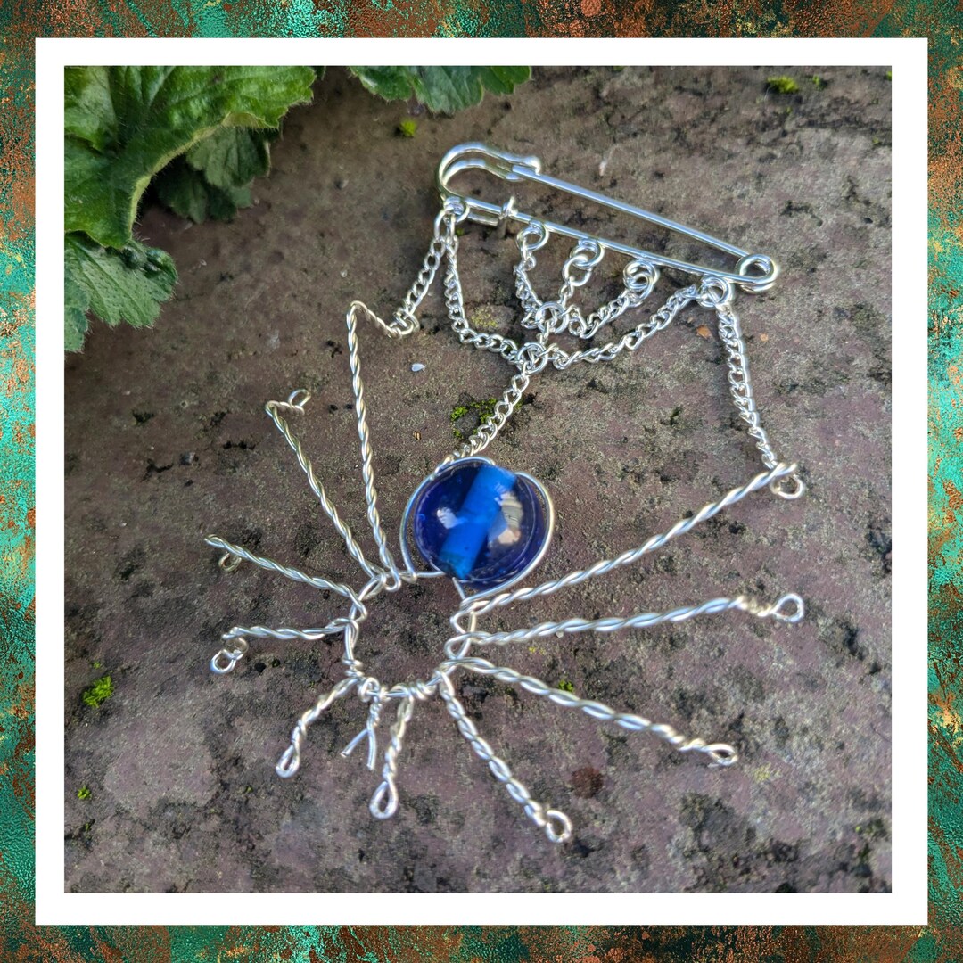 Handmade Wire Spider and Web Brooch With Blue Glass Vintage Bead and ...
