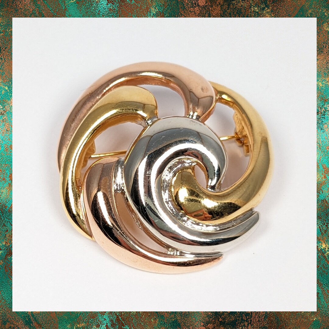 Vintage Tri Colour Wave Brooch, Circular Brooch With Silver, Gold and ...
