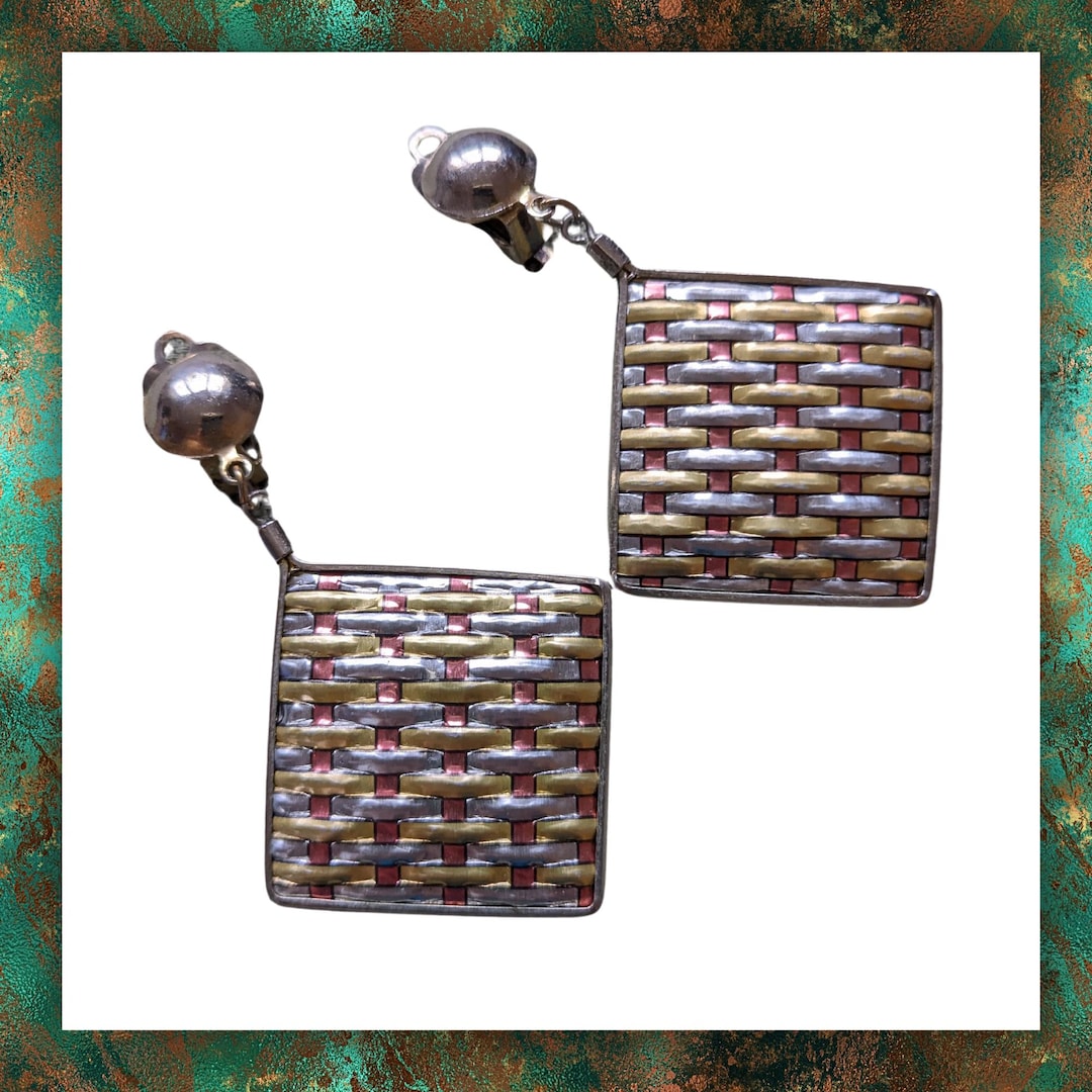 Vintage Square Dangle Drop Clip on Earrings With Woven Surface Design ...