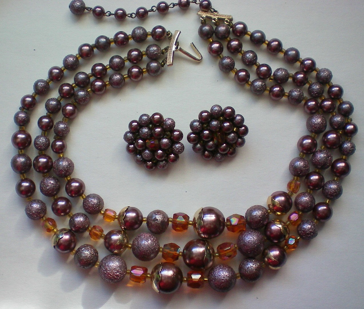 Triple Strand Bead Necklace & Earrings 3112 - Etsy