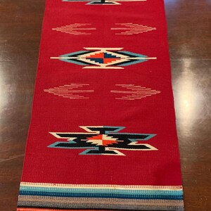 Vintage Wool Chimayo Runner , Deep Red, Turquoise, White, Orange, Black ...