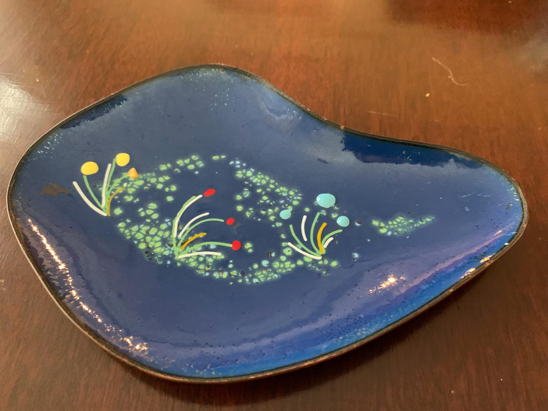 MCM Copper Covered With Blue Enamel and Modern Design Flowers Trinket ...