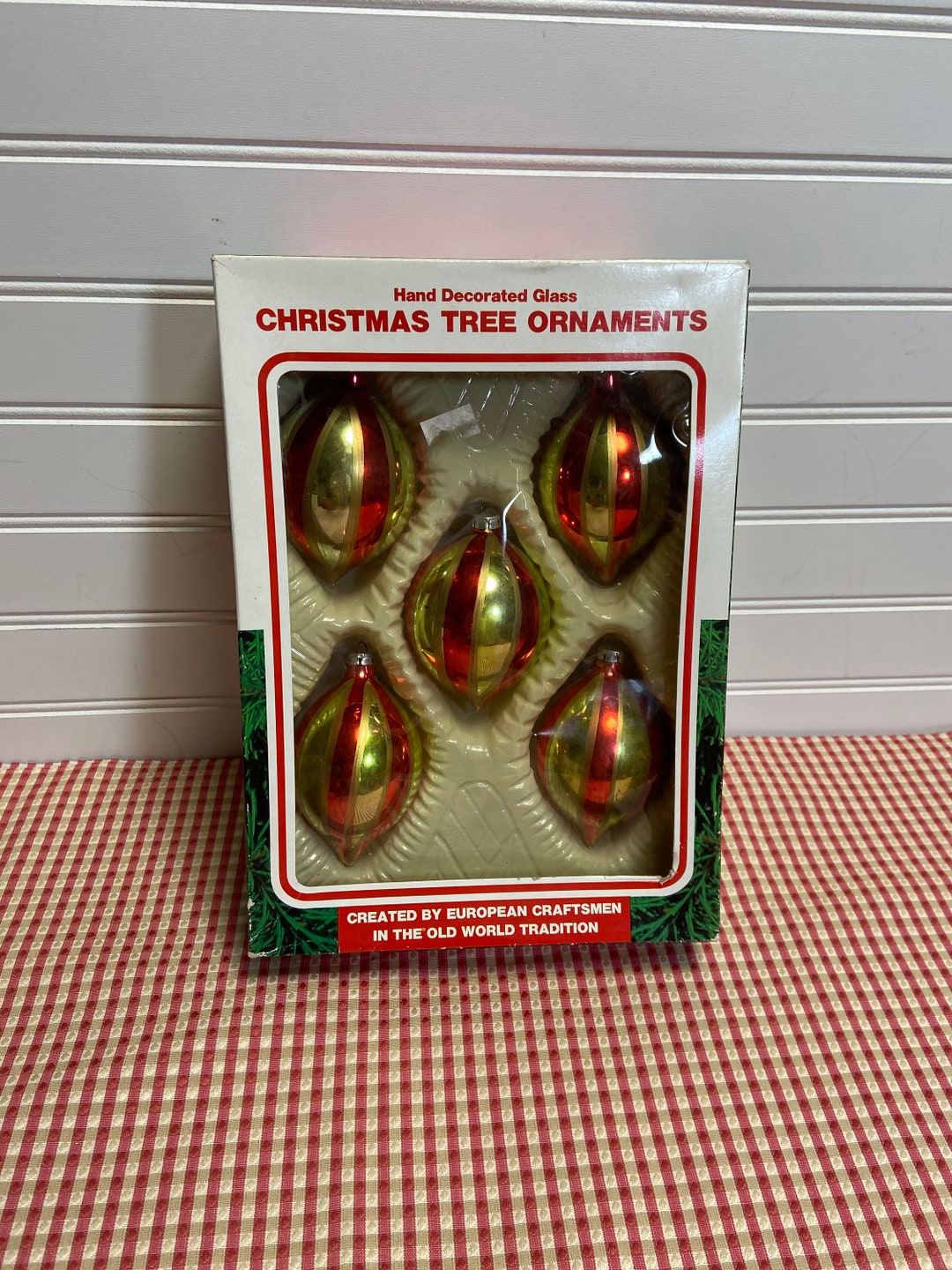 COMMODORE Glass TEARDROP Christmas Ornaments 5 Red and Gold Stripe in ...