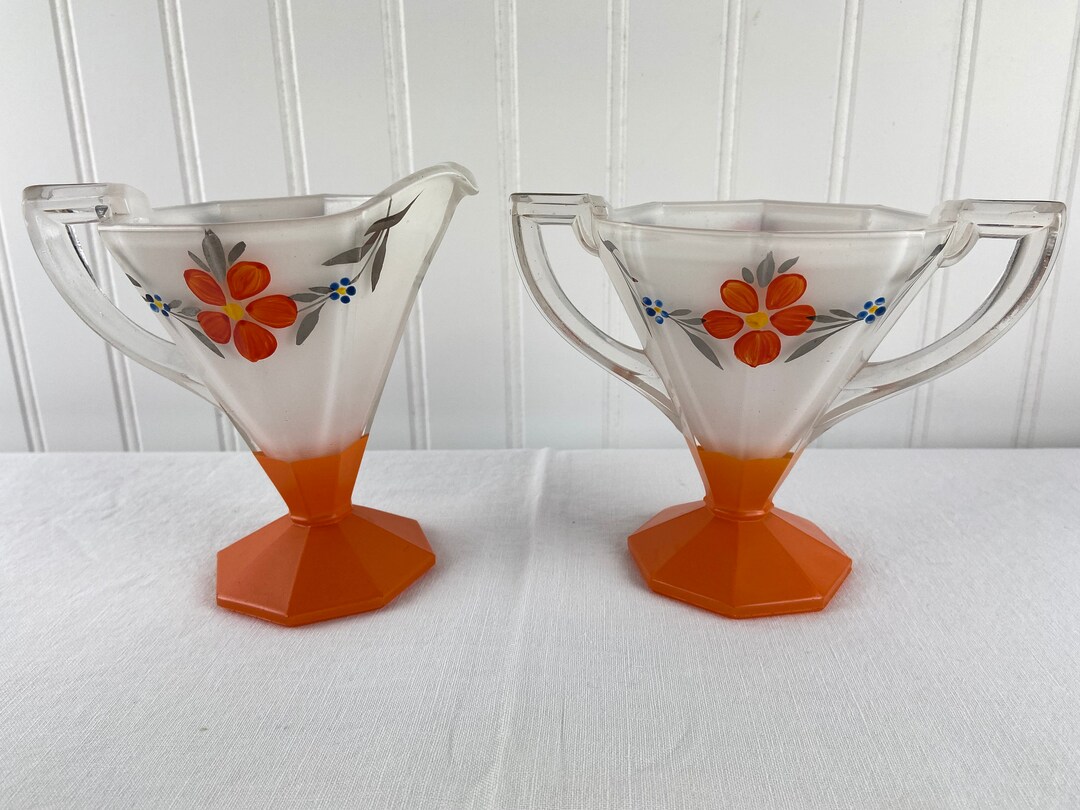 Westmoreland 1920s ART DECO Creamer & Sugar Set, White Frosted Glass ...