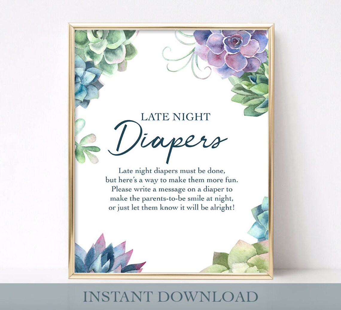 Printable Late Night Diapers Sign, Succulent Baby Shower Game, Diaper ...