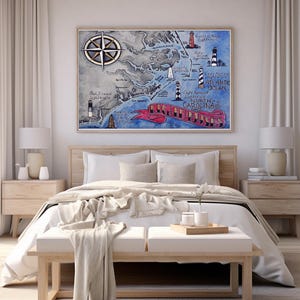 North Carolina Lighthouses Map Art Print: Hand-drawn Nautical Chart - Etsy