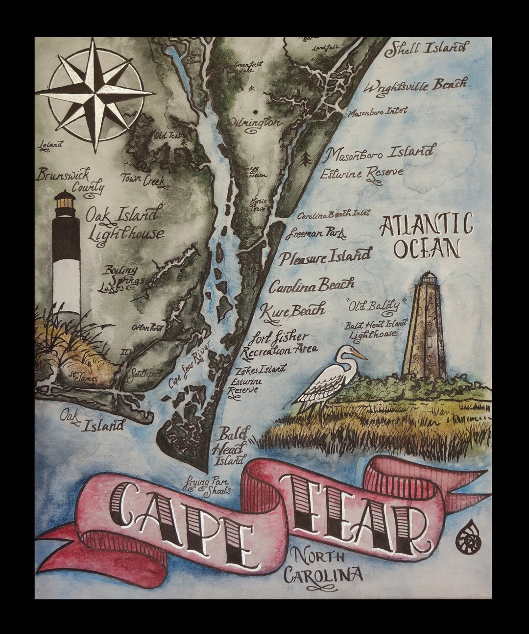Cape Fear North Carolina Map Print, Watercolor and Ink - Etsy