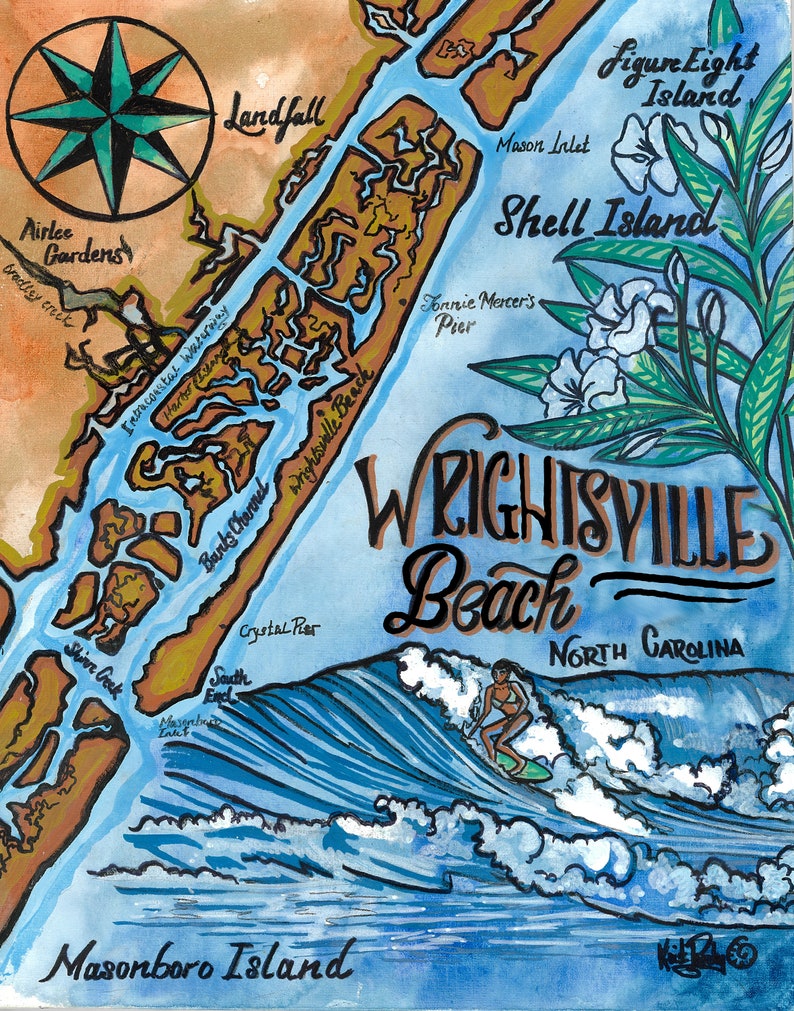 Wrightsville Beach Giclee Watercolor and Ink Map Print - Etsy