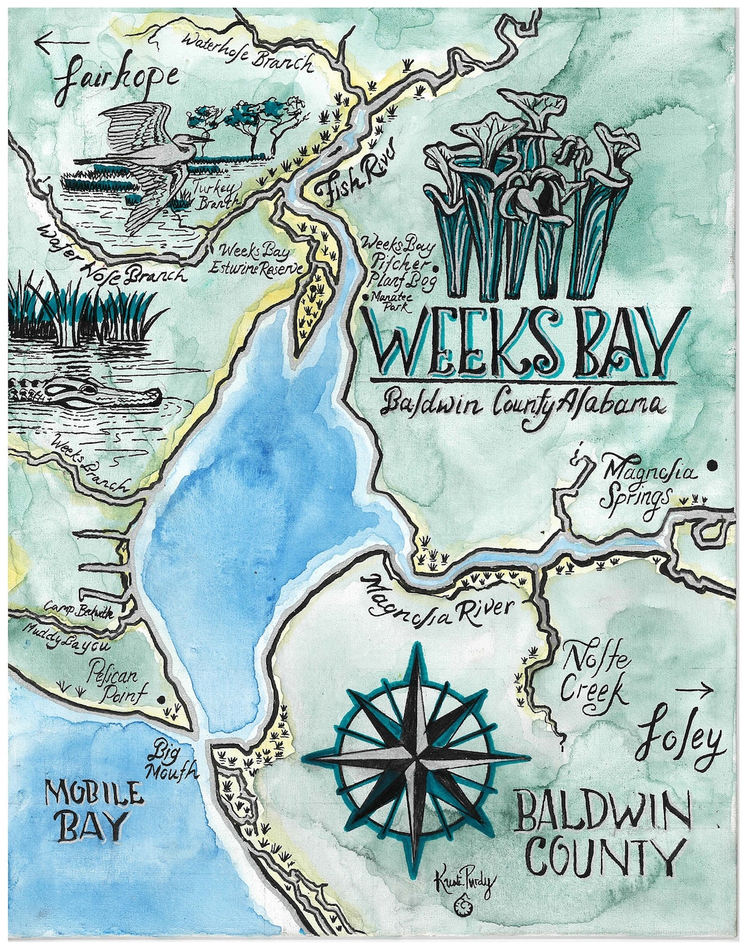 Weeks Bay Map, Watercolor and Ink Painting, Wood and Resin Framed Print ...