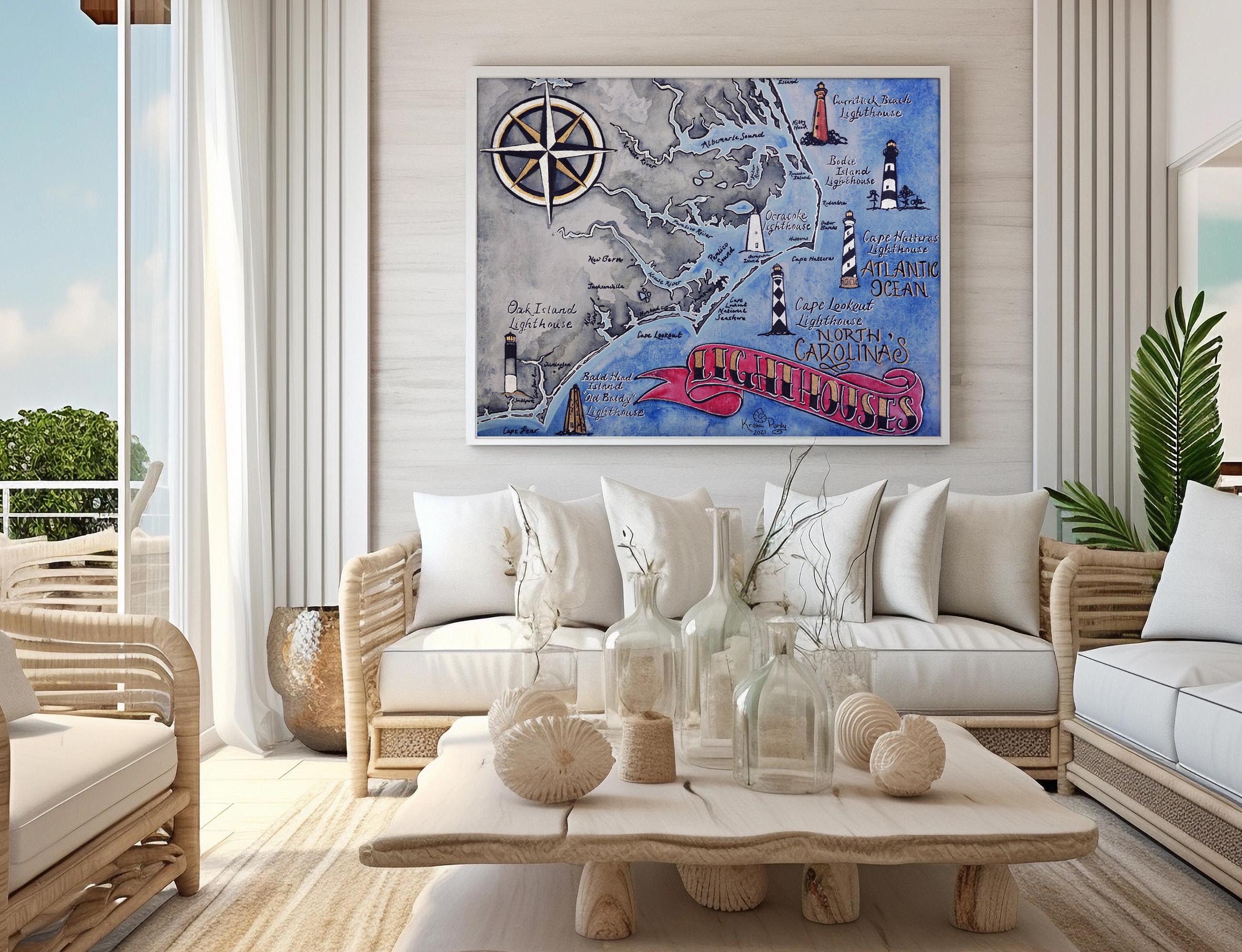 North Carolina Lighthouses Map Art Print: Hand-drawn Nautical Chart - Etsy