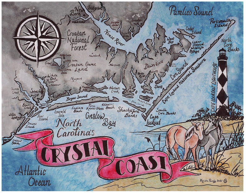 Crystal Coast North Carolina Map Art Print: Watercolor Nautical Chart ...