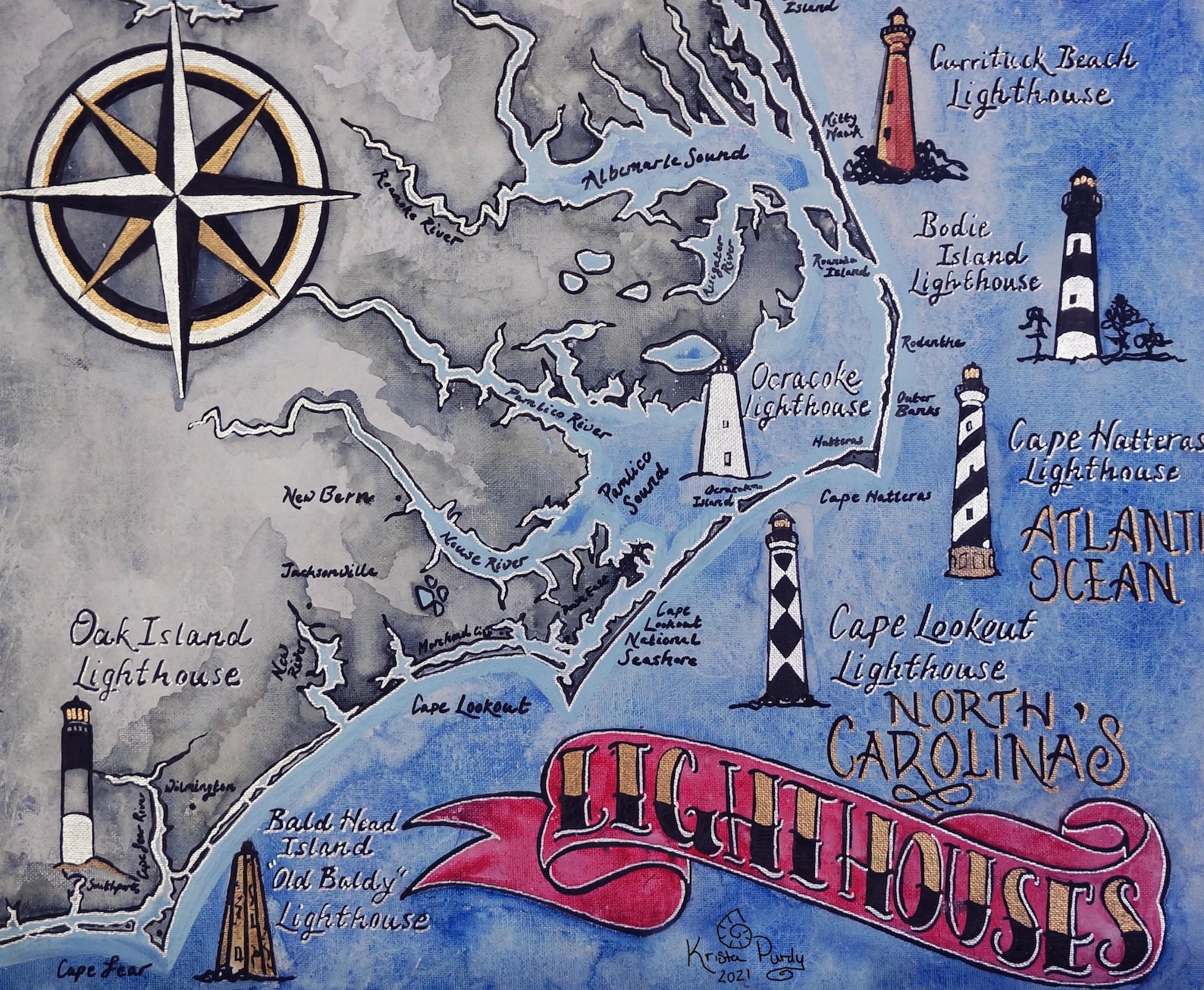 North Carolina Lighthouses Map Art Print - NC Vintage Lighthouse Map ...