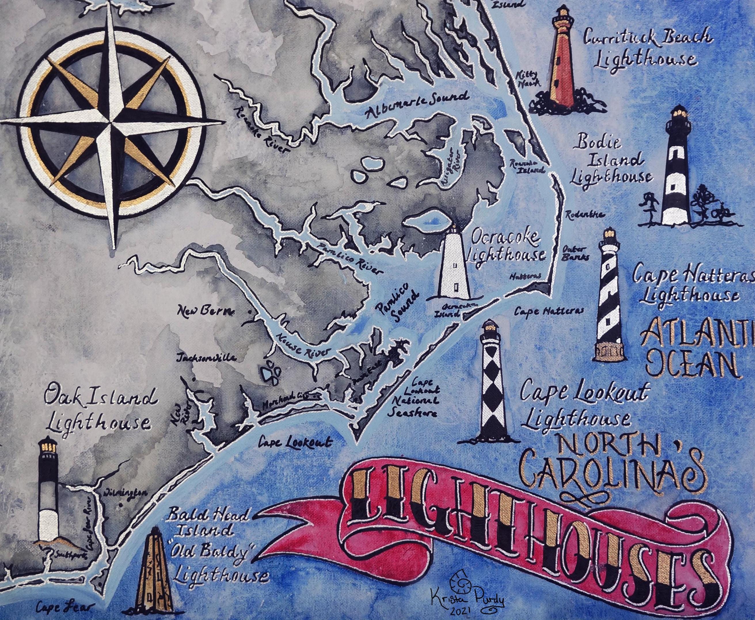 North Carolina Lighthouses Map Art Print - NC Vintage Lighthouse Map ...