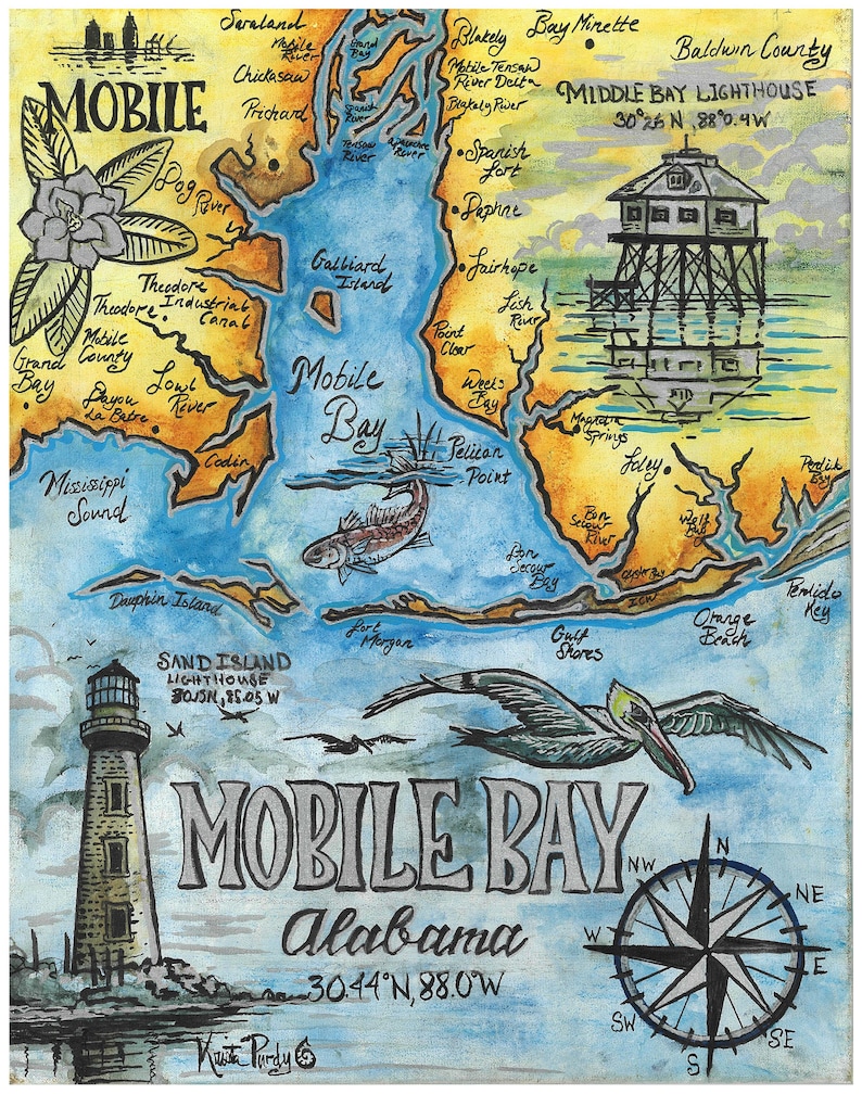 Mobile Bay Map, Watercolor and Ink Painting, Resin and Wood Framed ...