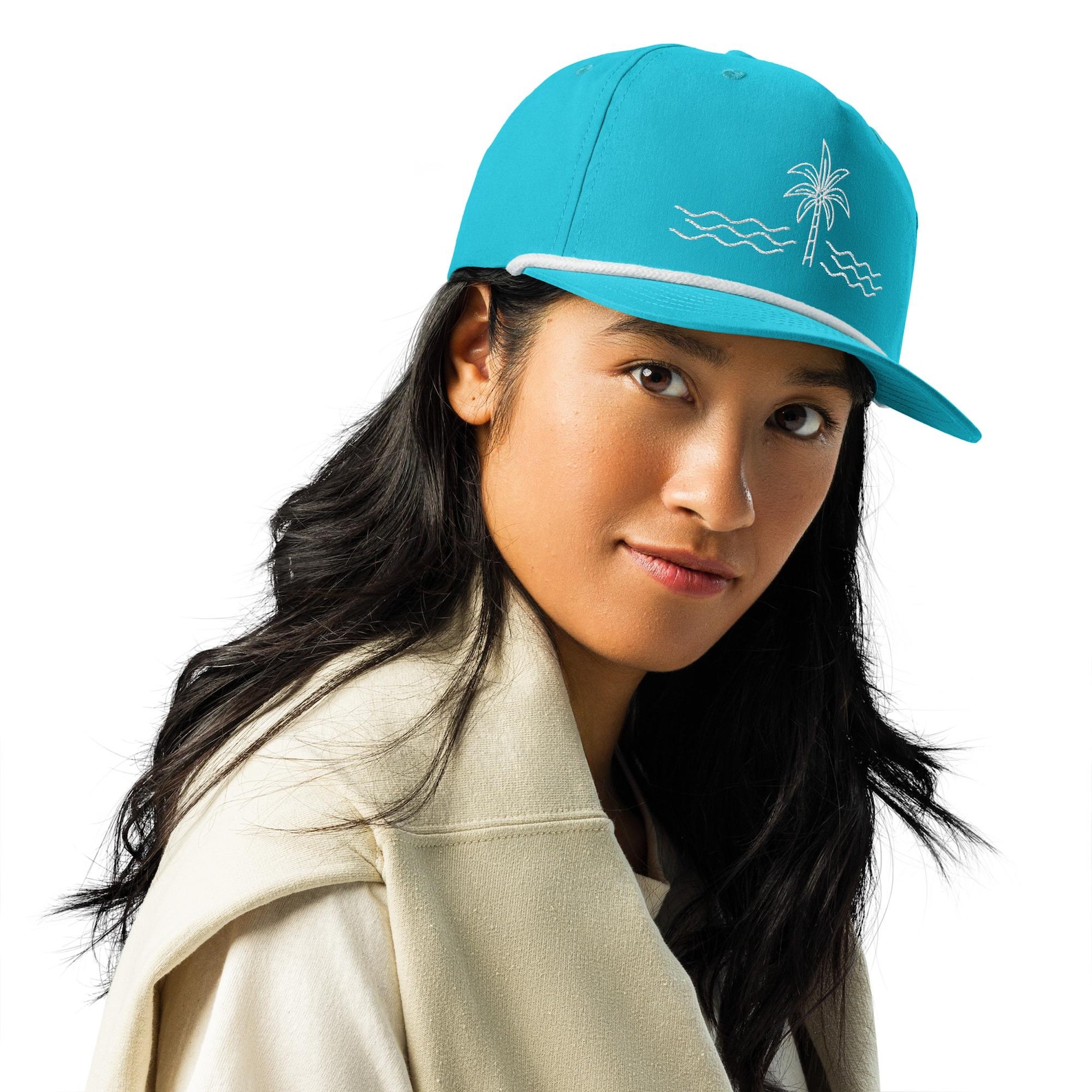Tropical Palm Tree With Ocean Waves Golf Rope Hat, Embroidered Beach ...