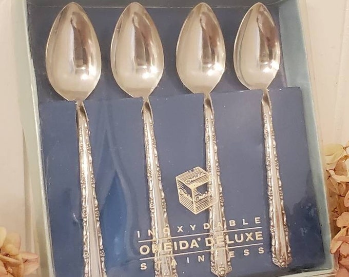 Set of Four Oneida Deluxe Stainless Small Tea Spoons, Original Box ...