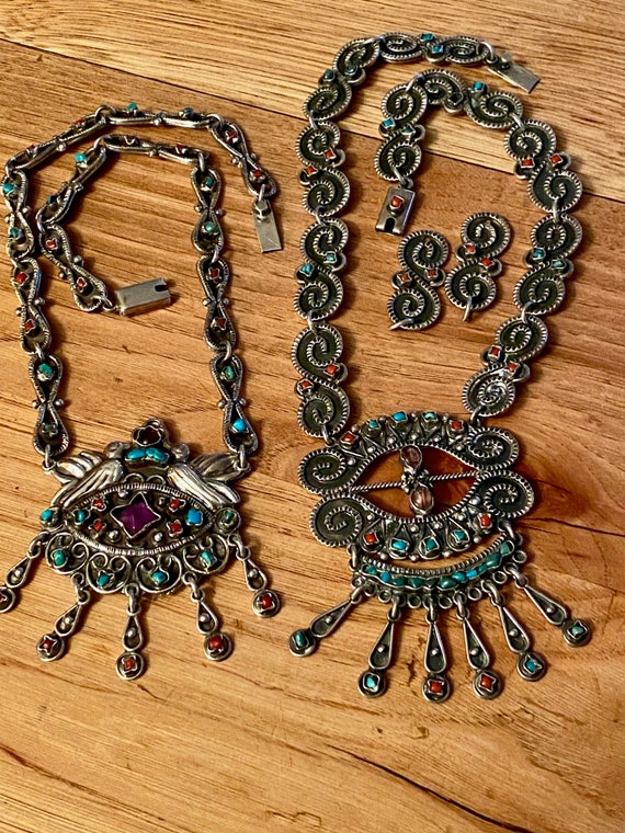 Two Vintage Mexican Sterling Gemstone Matl Style Stat… - Gem