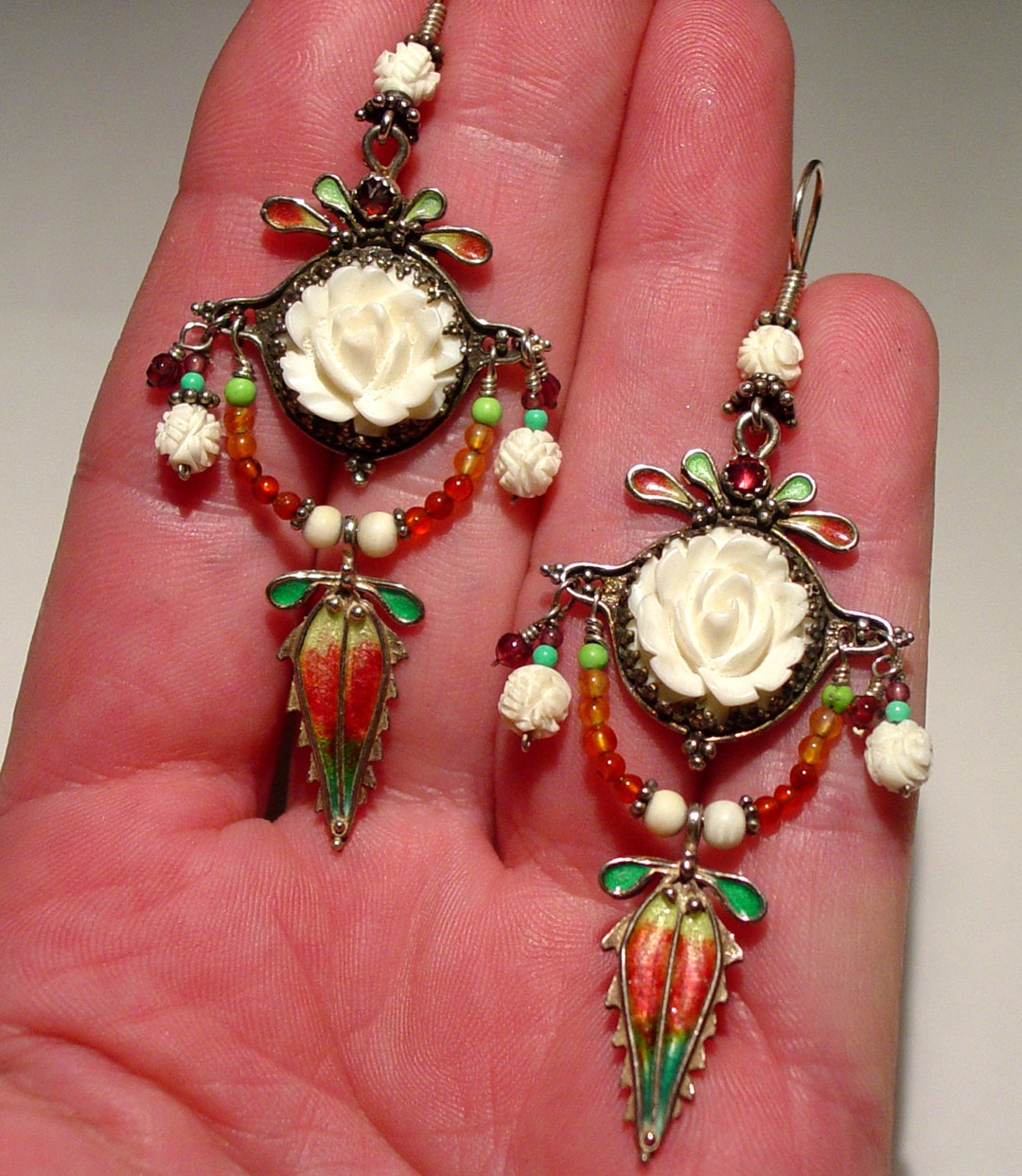 Vintage MUSI HUNT 2 3/4 Sterling Silver Enamel, OPAL and Carved Rose ...