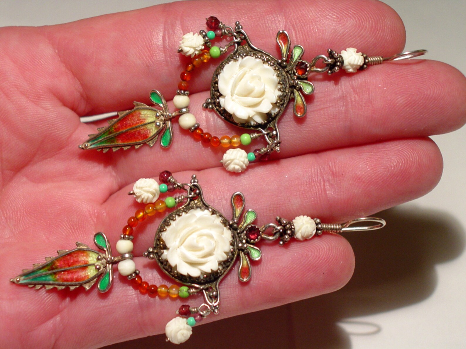 Vintage MUSI HUNT 2 3/4 Sterling Silver Enamel, OPAL and Carved Rose ...