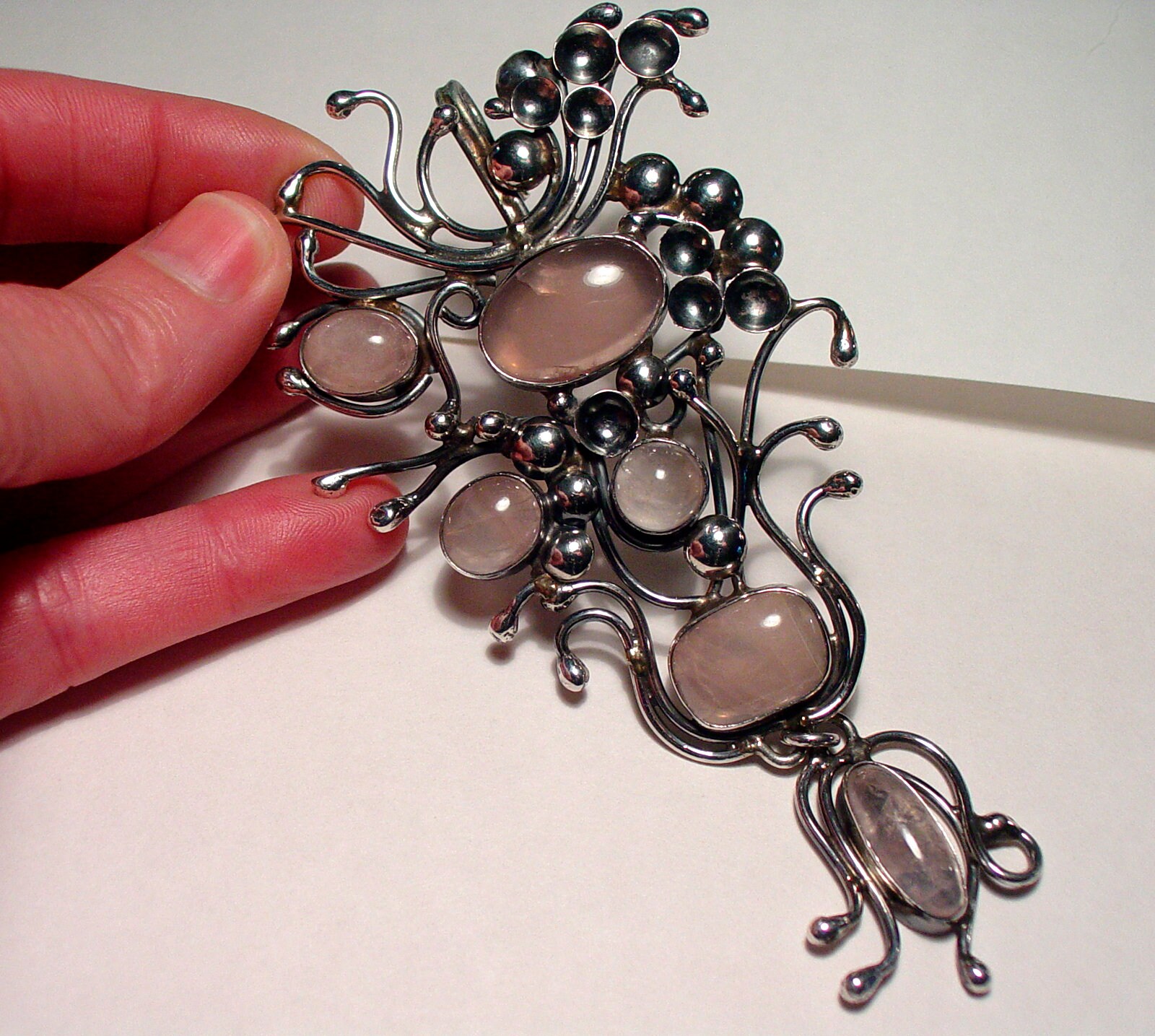 RACHEL GERA Huge Brutalist Sterling Rose Quartz Statement Pendant ...