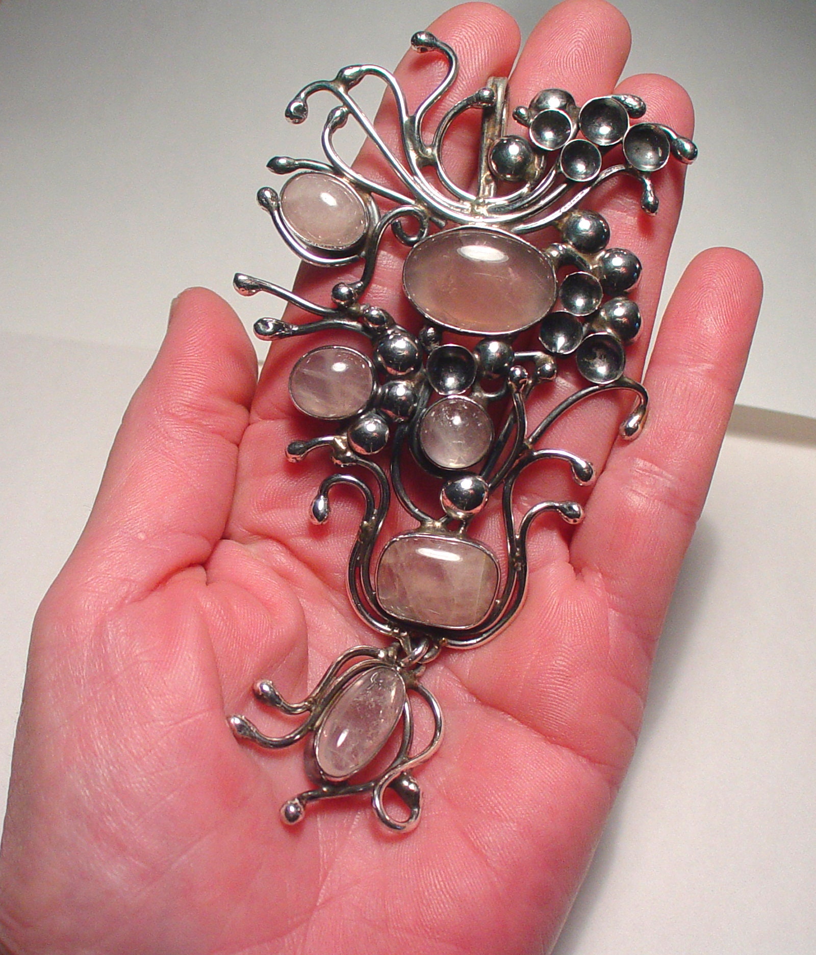 RACHEL GERA Huge Brutalist Sterling Rose Quartz Statement Pendant ...
