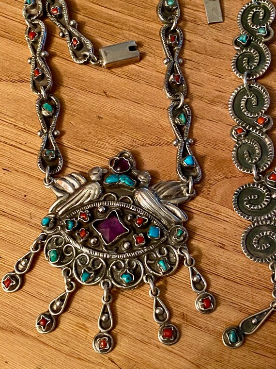 Two Vintage Mexican Sterling Gemstone Matl Style Stat… - Gem