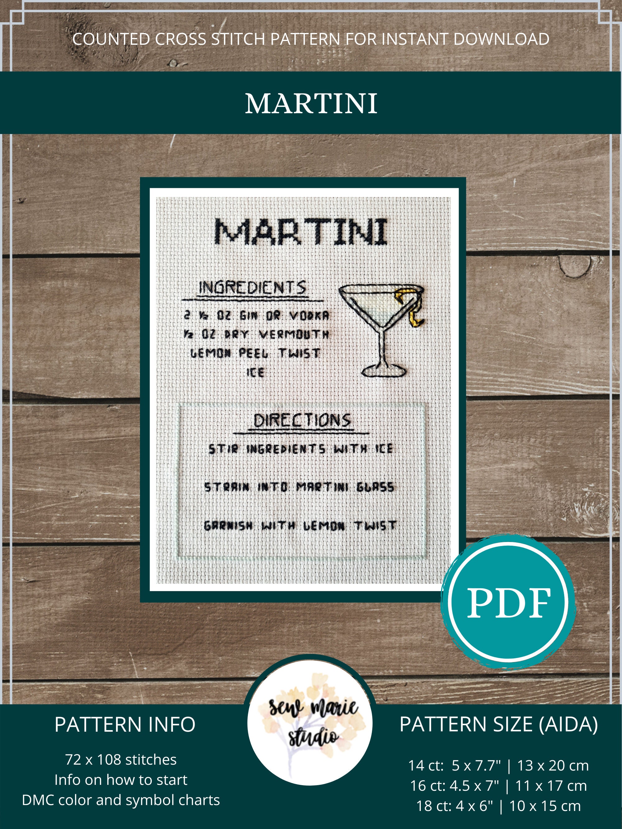 Martini Recipe Cross Stitch Pattern Digital Download, Cocktail Cross ...
