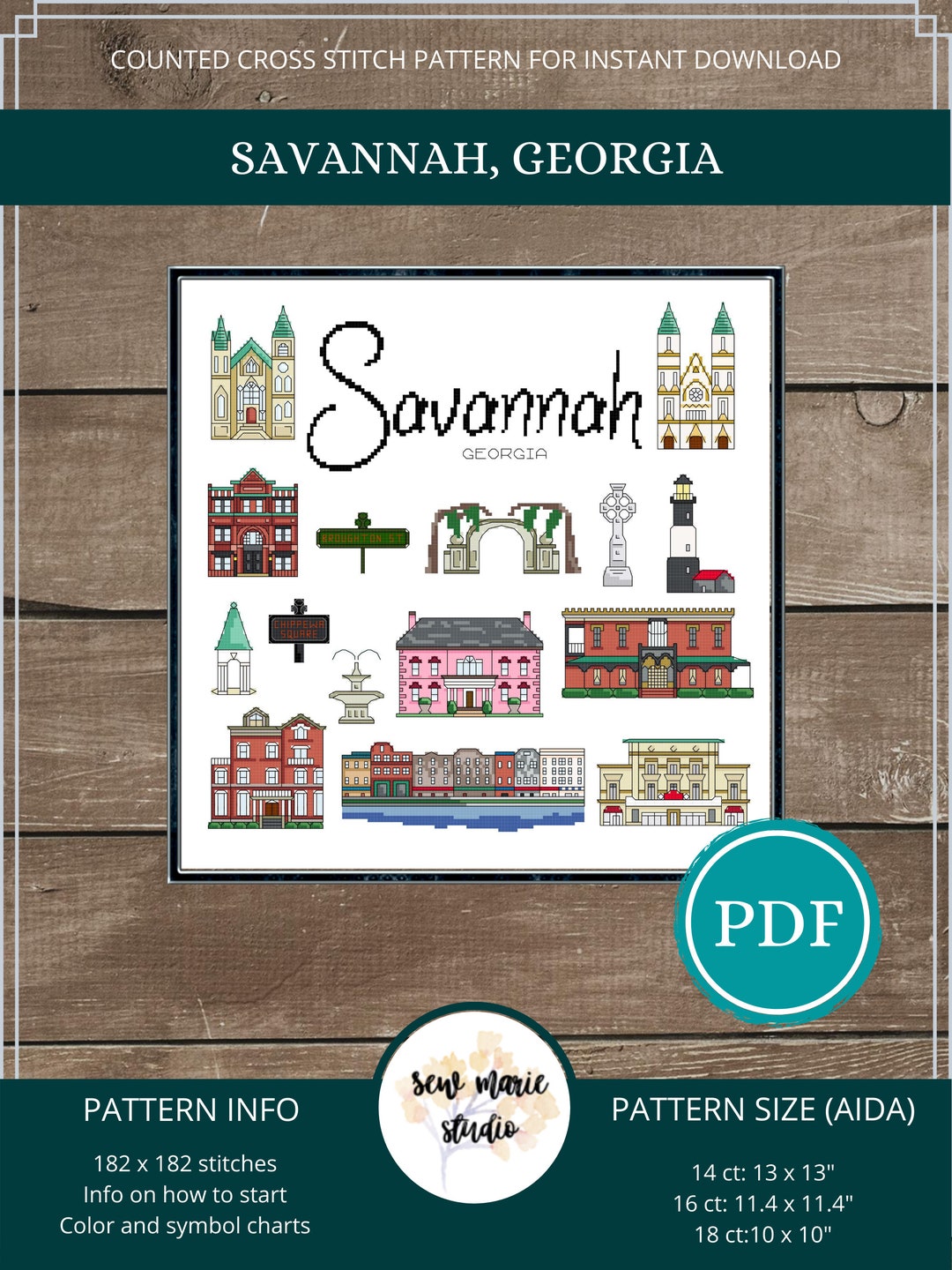 Savannah Georgia Cross Stitch Pattern, Landmarks Design (PDF Download ...