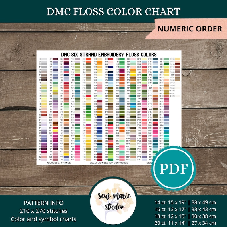 DMC Floss Color Chart, Numeric Order Cross Stitch Pattern (PDF Download ...