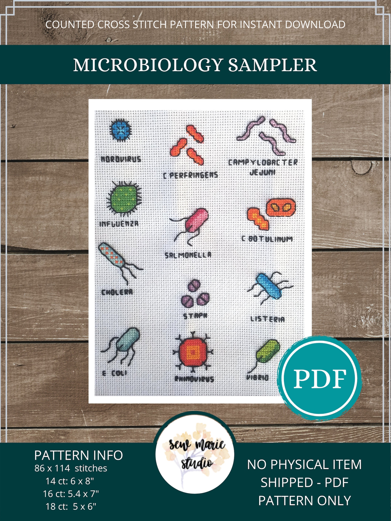 Microbiology Sampler Cross Stitch Pattern, Science Germs (PDF Download ...