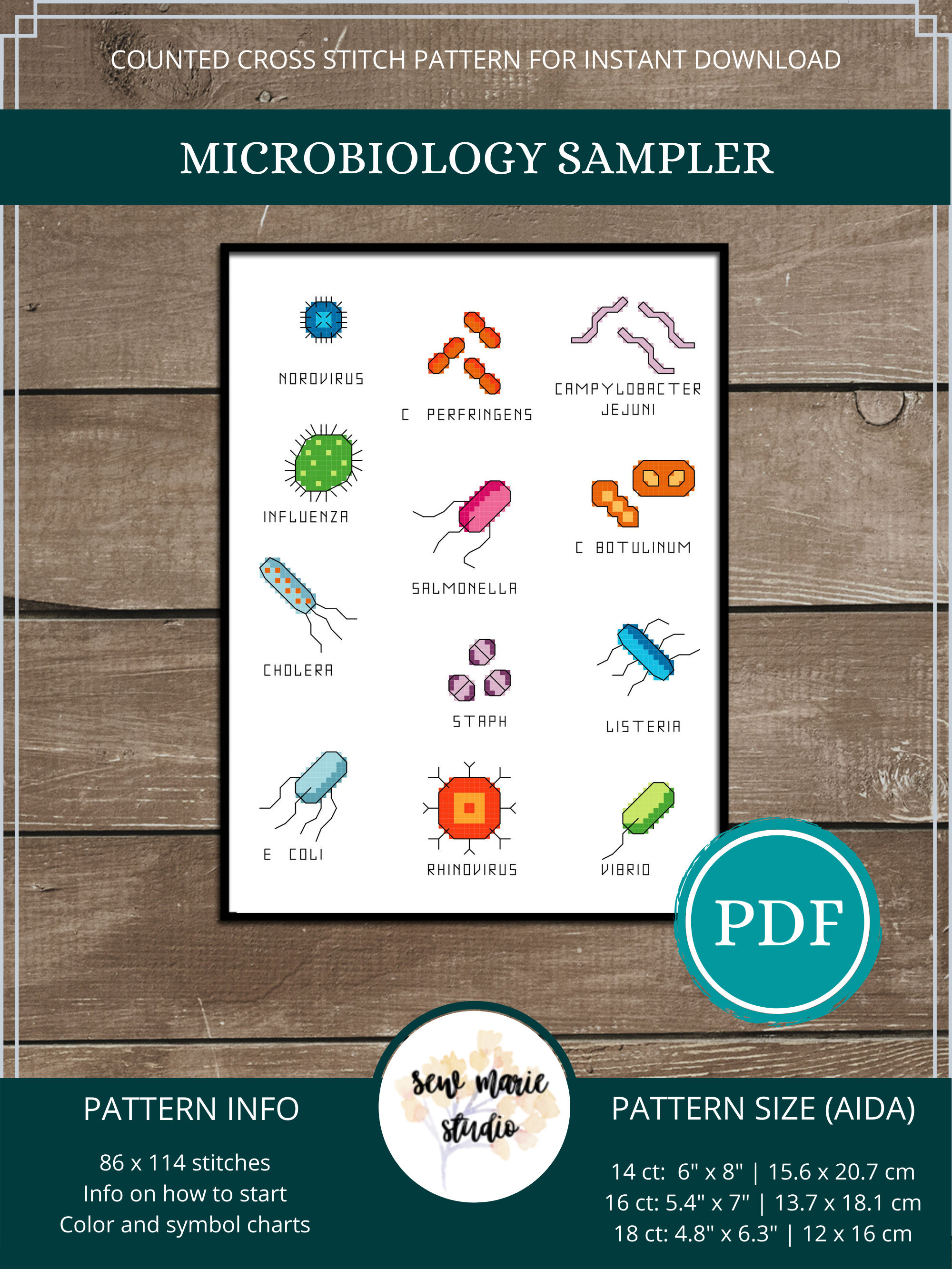 Microbiology Sampler Cross Stitch Pattern, Science Germs (PDF Download ...