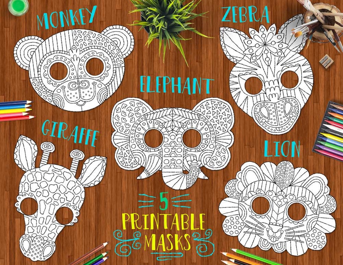 Safari Animals Coloring Masks – Printable DIY Lion, Elephant, Giraffe ...