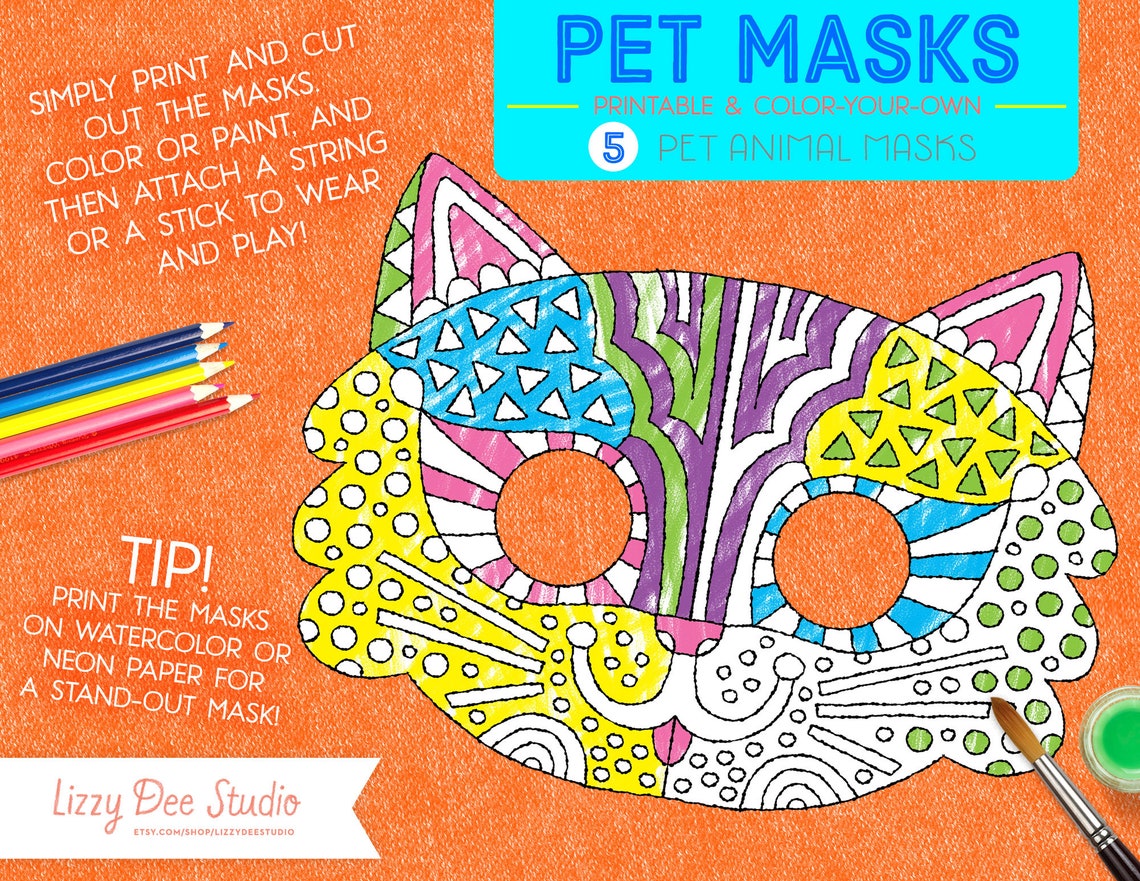 Printable Pet Masks – DIY Coloring, Bunny, Kitten, Pony (PDF Pattern ...