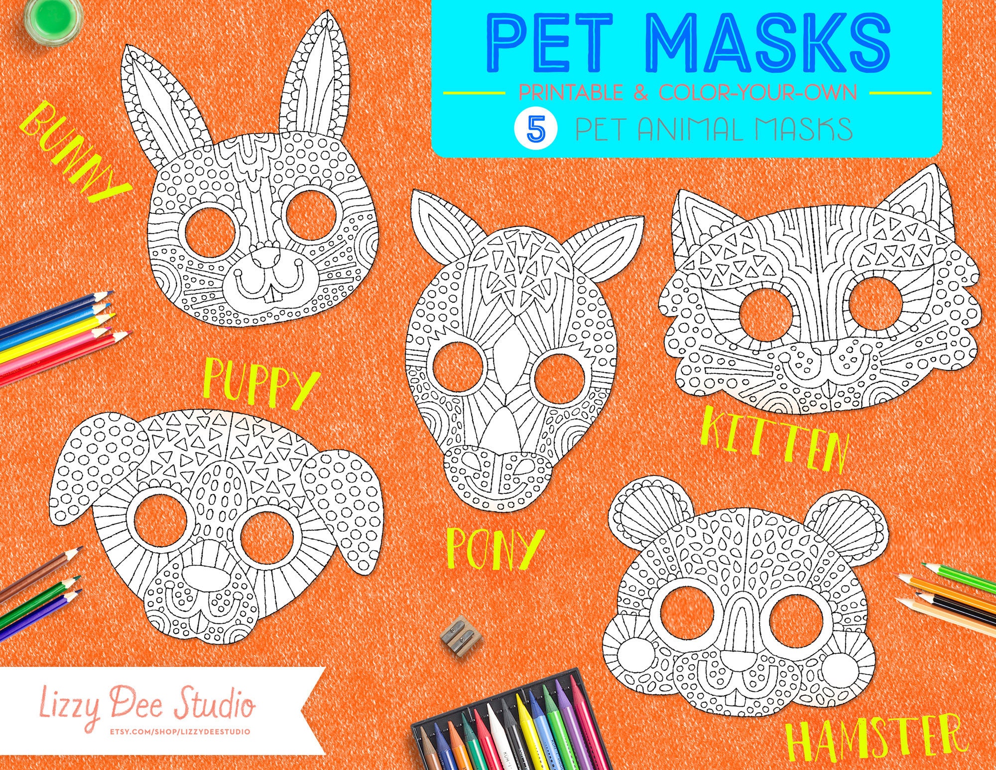 Printable Pet Masks – DIY Coloring, Bunny, Kitten, Pony (PDF Pattern ...
