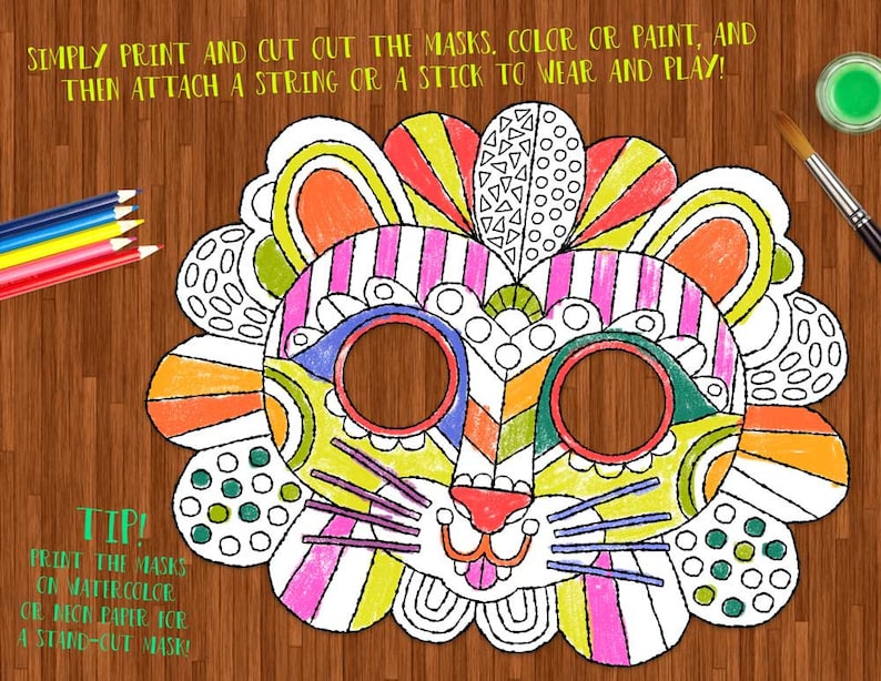 Safari Animals Coloring Masks – Printable DIY Lion, Elephant, Giraffe ...