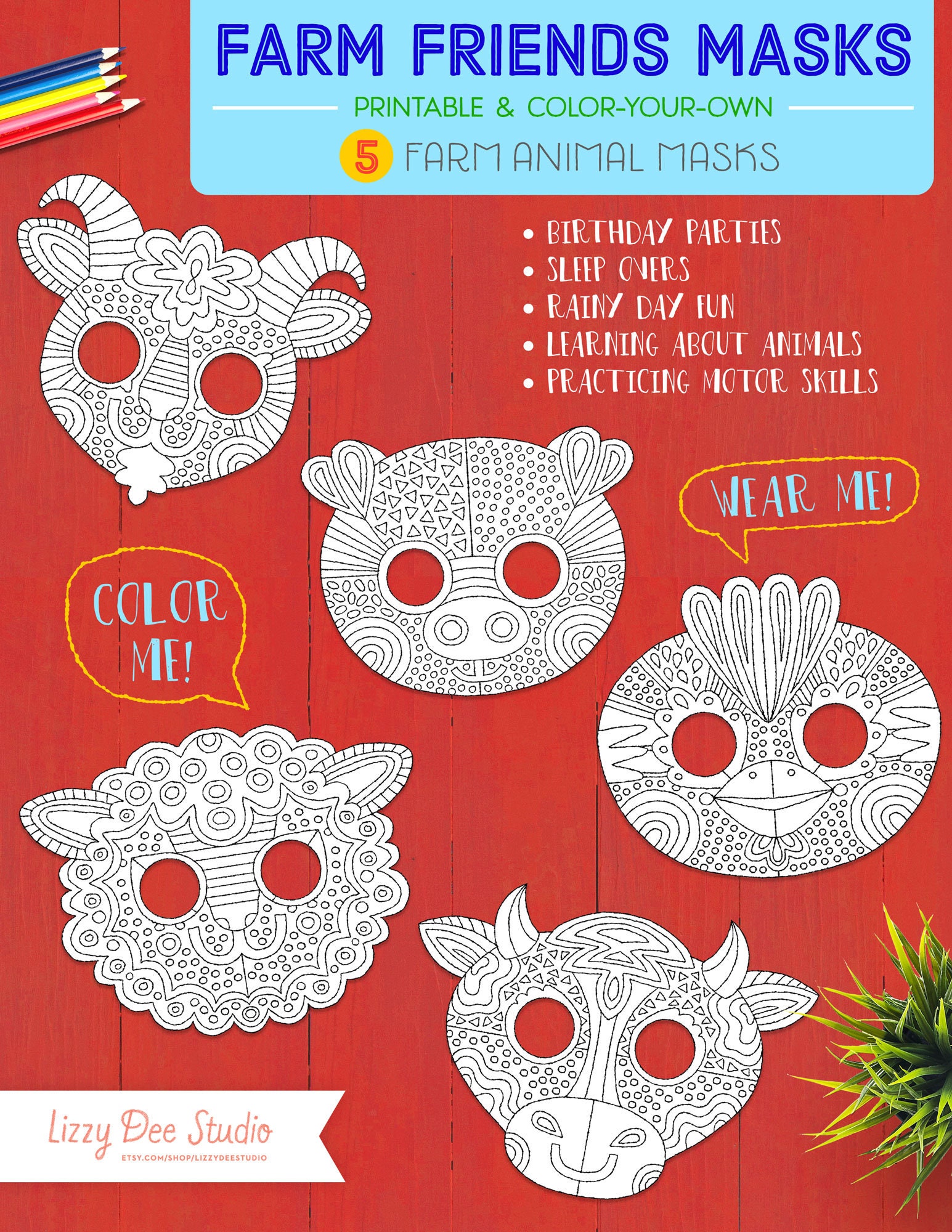 Farm Animal Masks – Printable DIY Coloring, Party Masks (PDF Pattern ...