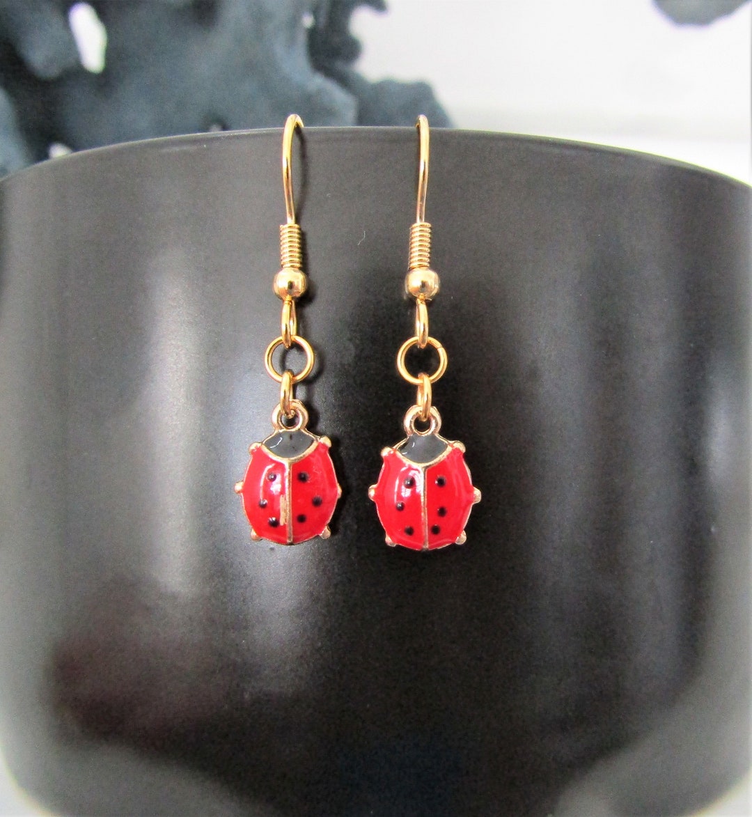 LADYBUG EARRINGS Small Red & Black Ladybugs With Gold Stainless Steel ...